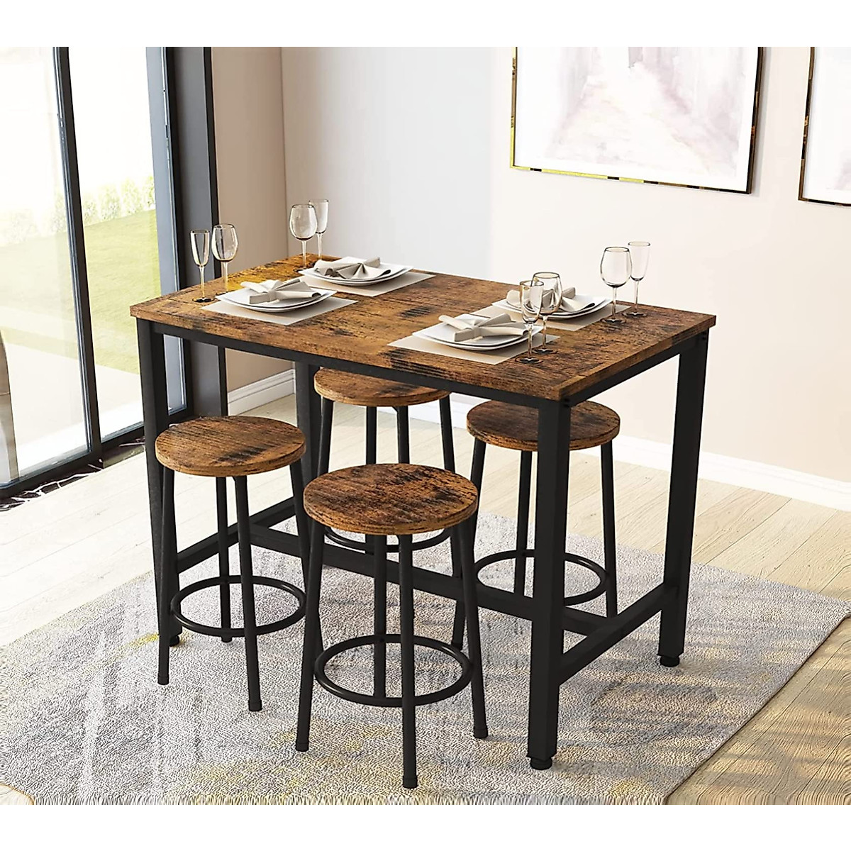 AWQM Pub Table and Chairs Set of 4, Industrial Counter Height Table with 4 Stools Small Dining Table Set for 4,Wooden Bar Table Set Dining Room Table Set for Small Spcae/Living Room,Rustic Brown