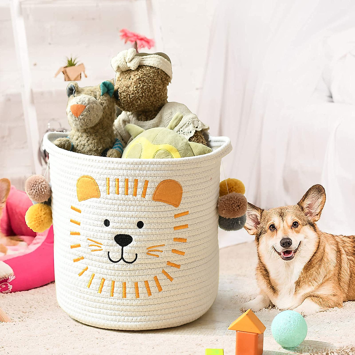 INough Toy Storage Baskets Cute Laundry Basket with Handles Dog Toy Storage Basket Durable Large Cotton Rope Storage Bins Home Organizer Solution for Office, Bedroom, Closet, Toys & Laundry (Lion)