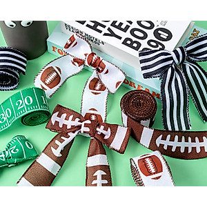 H1vojoxo Football Wired Edge Ribbon - 4 Rolls 24 Yards Brown Green Football Burlap Ribbon for Football Game, Rugby Pastel Wired Ribbon for Bow Wreaths, Football Theme Fabric Ribbon for DIY Craft
