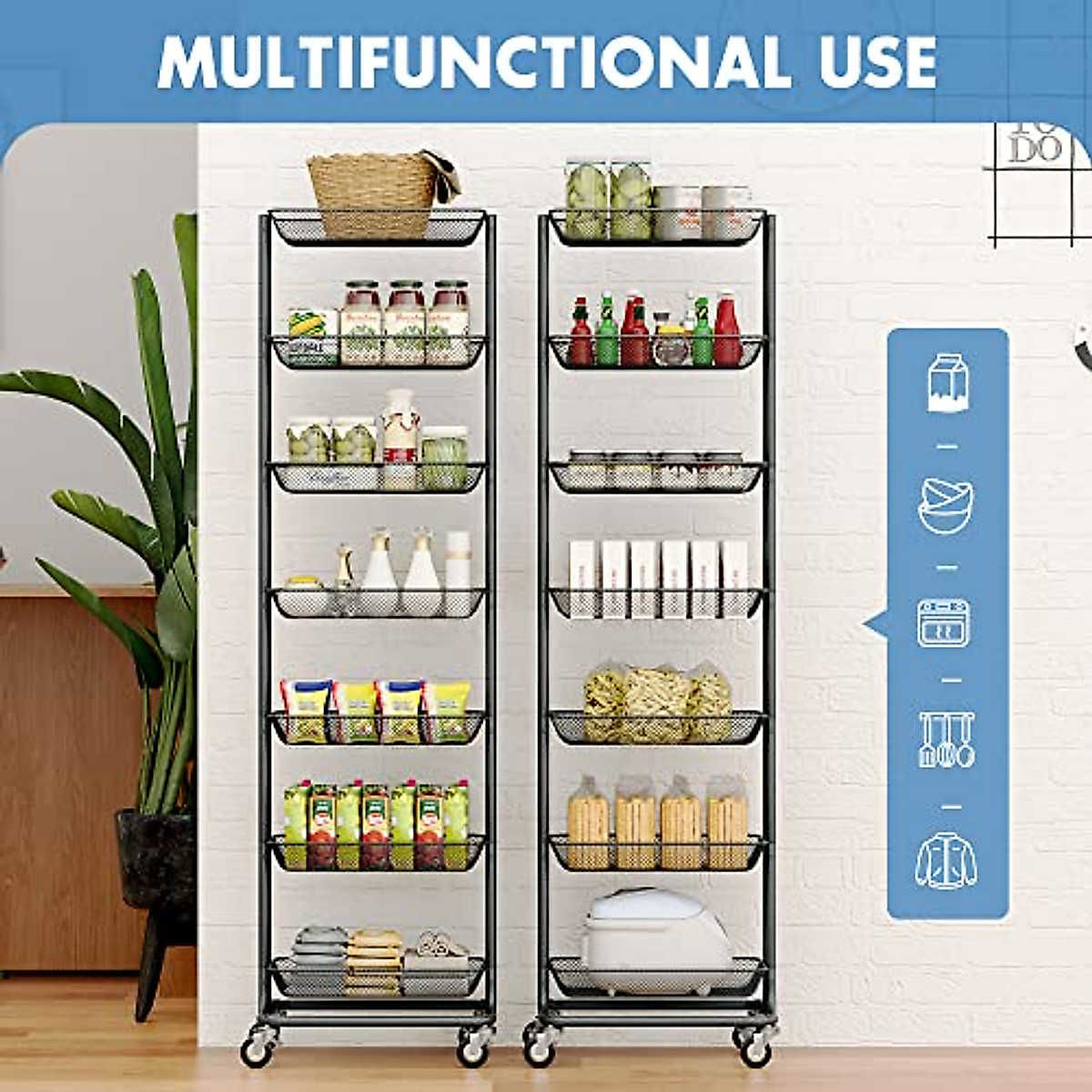 7 Tier Rolling Utility Carts, Mesh Storage Rack with Lockable Wheels, Rolling Storage Cart Kitchen Cart Multifunctional Rolling Shelf for Office, Bathroom, Kitchen, Kids' Room, Classroom (Black)