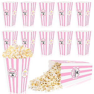 K KUMEED 20 pcs Movie Night Large Popcorn Favor Boxes,7.8 Inches Tall Pink & White Striped Popcorn Bowls Popcorn Buckets Popcorn Bags for Movie Theater Movie Night Favors Movie Theme Party Supplies