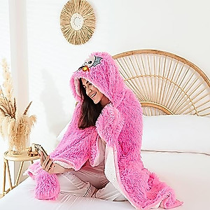 YIRDDEO Wearable Blankets Hoodie Pink Fluffy Blanket Cute Dinosaur Oversized Travel Blanket Warm Comfy Adult Picnic Animal Blankets with Plush Sleeves