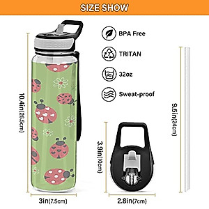 xigua Ladybug Water Bottle with Straw Lid,32 oz Leakproof Sport Water Bottle with Wide Handle for Gym,Cycling,School,Travel
