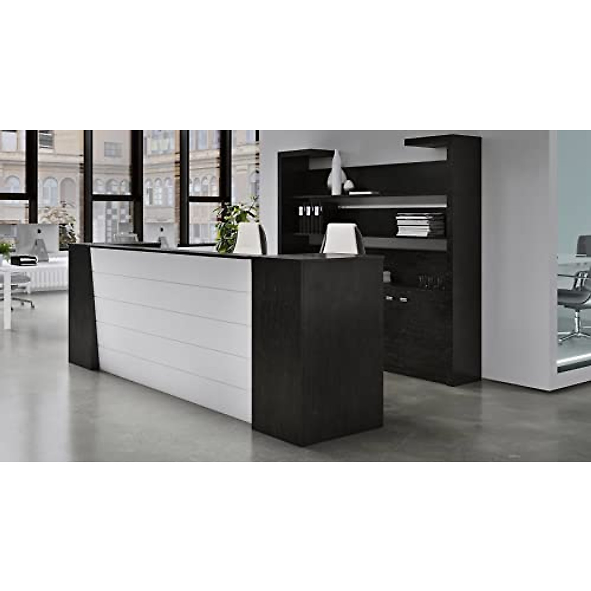 Clinton Modern Reception Desk in Black Oak with White Acrylic Front
