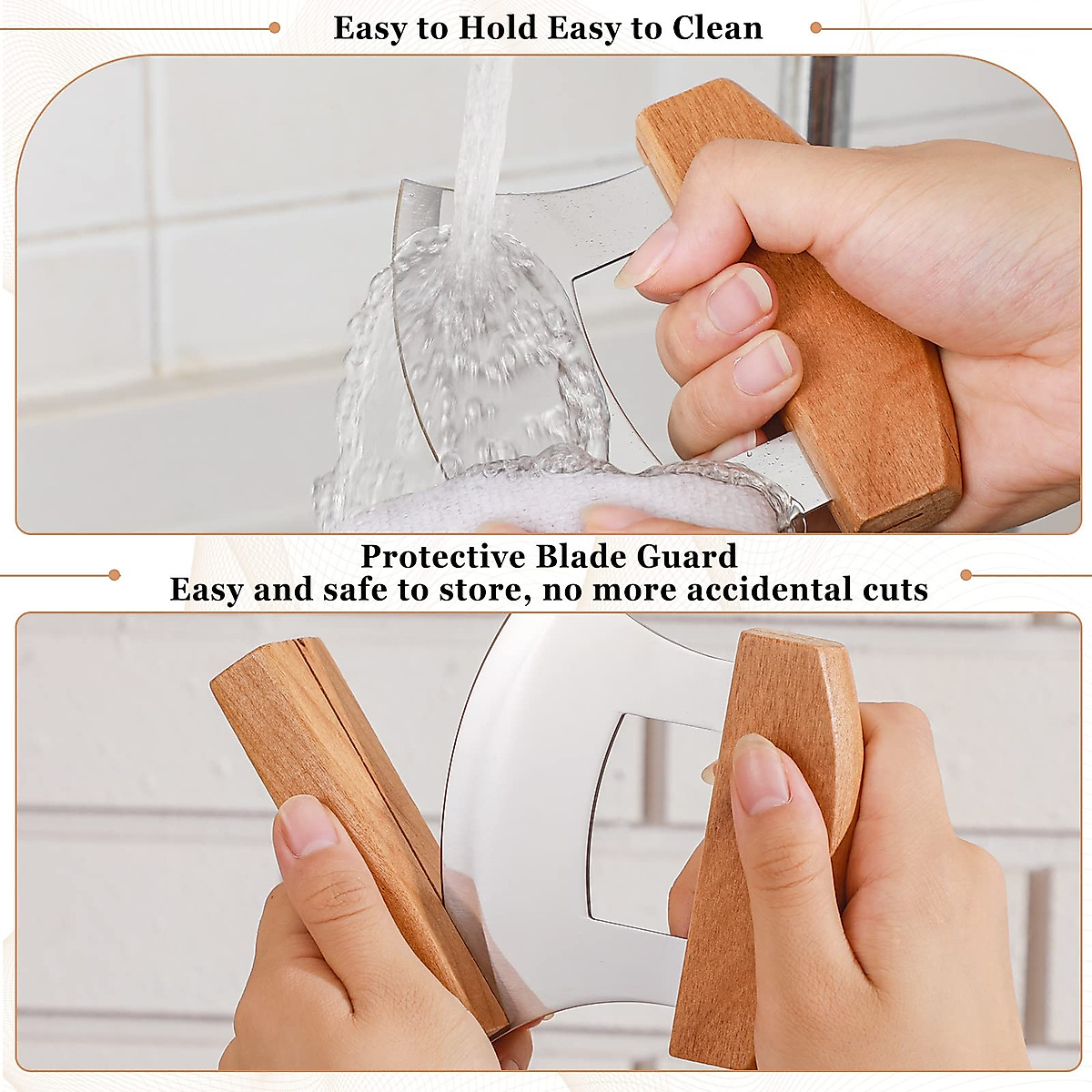 Hanaive 2 Pack 4 x 5 inch Mezzaluna Ulu Knife Salad Veggies Rocker Chopper Slicer Cutter Mezzaluna Knife with Wooden Display Stand for Kitchen Cutting Chopping Knives Chef Cleaver