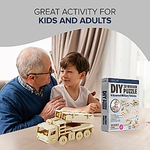 Hands Craft DIY 3D Wooden Puzzle – 6 Assorted Military Vehicles Bundle Pack Set Brain Teaser Puzzles Educational STEM Toy Adults and Kids to Build Safe and Non-Toxic Easy Punch Out Premium Wood JP2B6