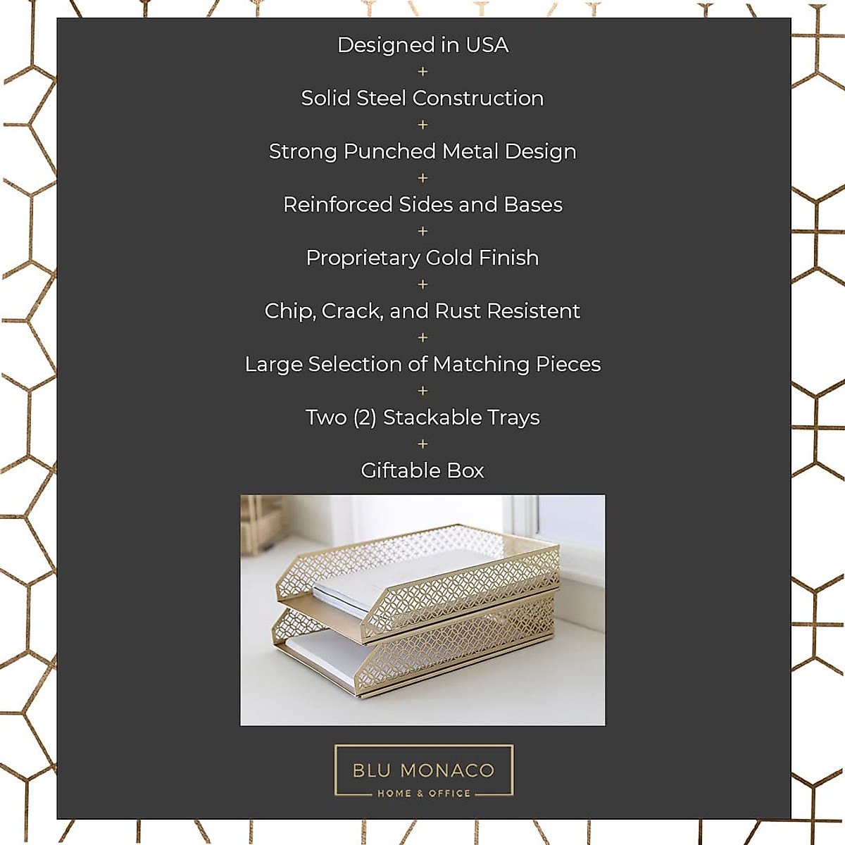 Blu Monaco Gold Desk Organizer Stackable Paper Tray Set of 2 - Metal Two Tier Tray - Stackable Letter Tray - Inbox Tray for Desk