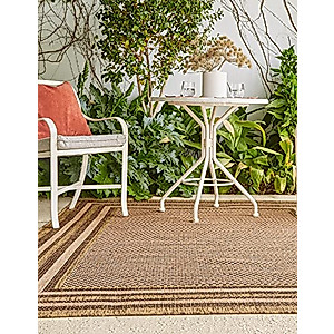 Unique Loom Outdoor Border Collection Area Rug - Multi Border (9' x 12' Rectangle, Light Brown/ Brown)