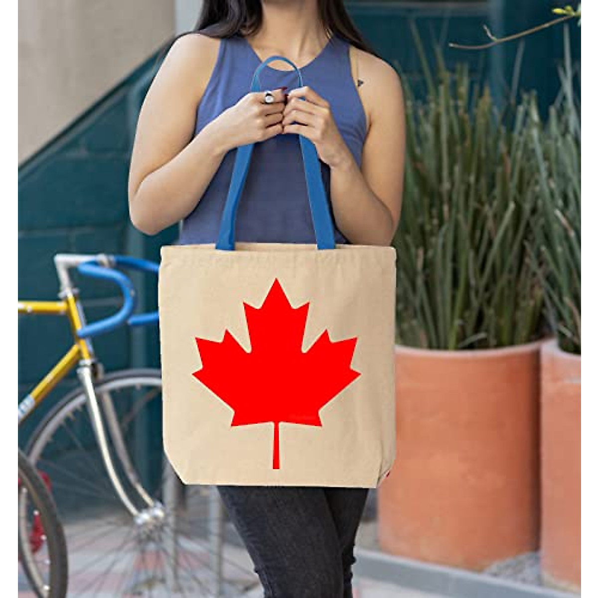 shop4ever Canada Leaf Cotton Canvas Tote Canadian Flag Reusable Shopping Bag 10 oz Natural - R Blue 1 Pack Colored Handle