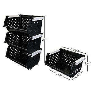 Farmoon 3 Pack Plastic Stackable Organizer Basket, Stacking Storage Bin Open Front, Black