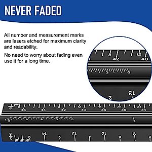 Architectural Scale Ruler for Blueprint, 12'' Metric Metal Engineers Triangle Drafting Ruler with Imperial Measurements for Architects Engineering, Artists, Draftsman Drawing, Laser-Etched Markings