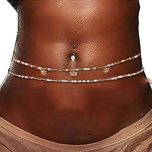 Woeoe Butterfly Waist Beads Gold Bead Belly Chain African Elastic Plus Size Waist Jewelry Body Accessories for Women and Girls