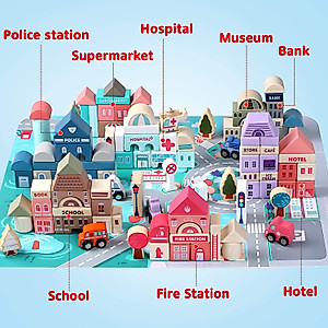 Lewo 115 PCS Wooden Building Blocks with City Map Construction Building Sets City Building Blocks Stacking Blocks Preschool Educational Learning Toys for 3 4 5 6 Years Old Kids Boys Girls Children