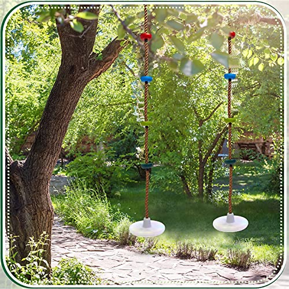 Meooeck 2 Pack LED Disc Climbing Rope Tree Swing with Platforms Disc Swing Seat with Hanging Strap Climbing Rope with Disc Swing Outdoor Playground Swing Set Accessories for Kids Backyard Playground