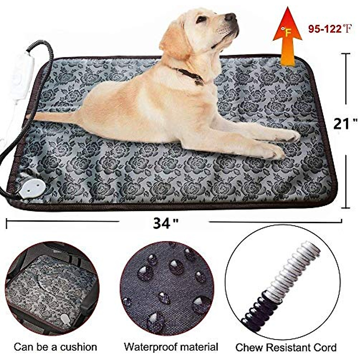 Pet Heating Pad Electric Dog Heating Pad for Large Dog,Heated Cat Bed Mat with Chew Resistant Cord Indoor Dog Warming Bed Pad Pet Heated Bed