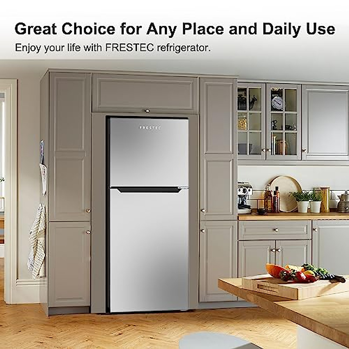 Frestec 12.1 CU' Refrigerator with Freezer, Apartment Size Refrigerator Top Freezer, 2 Door Fridge with Adjustable Thermostat Control, Freestanding, Door Swing, Stainless Steel (FR 1202 SL)