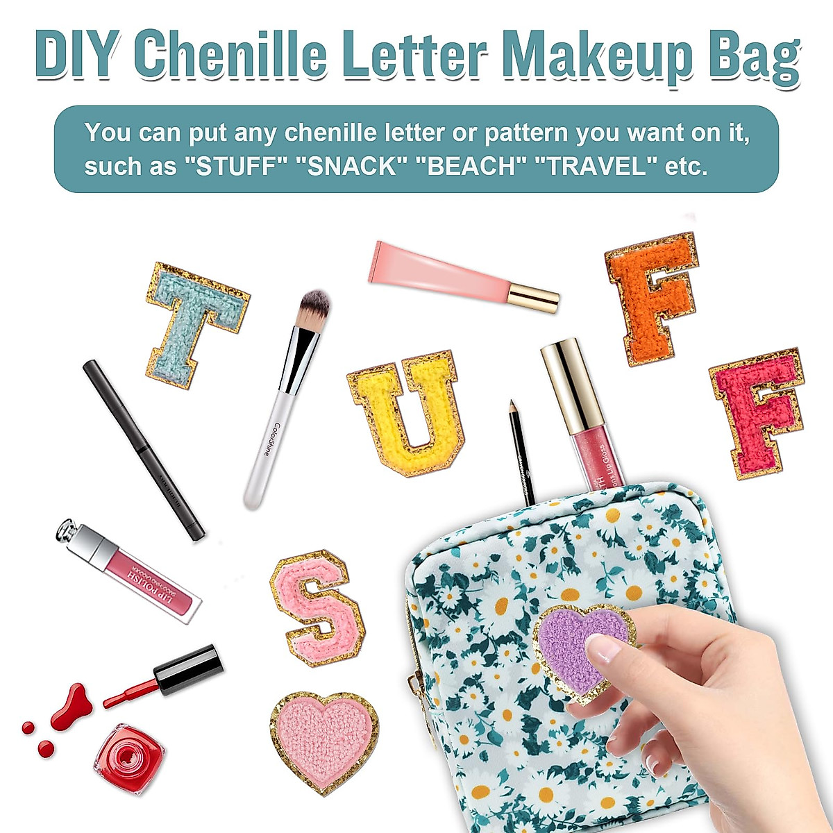 Nylon Mini Floral Makeup Bag for Purse, Small Cute Travel Makeup Bag Preppy Flower Cosmetic Zipper Pouch, Waterproof Coin Pouch Sanitary Napkin Storage Bag Make Up Organizer Set for Women(Green-Daisy)