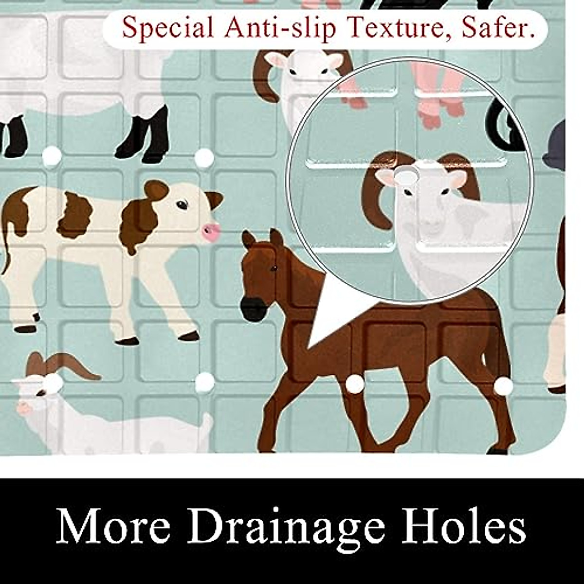 Non Slip Bathtub Mats with Suction Cups, Bath Tub Shower Mat for Bathroom, Machine Washable Bathroom Mats with Drain Holes(Farm Animals Pattern)
