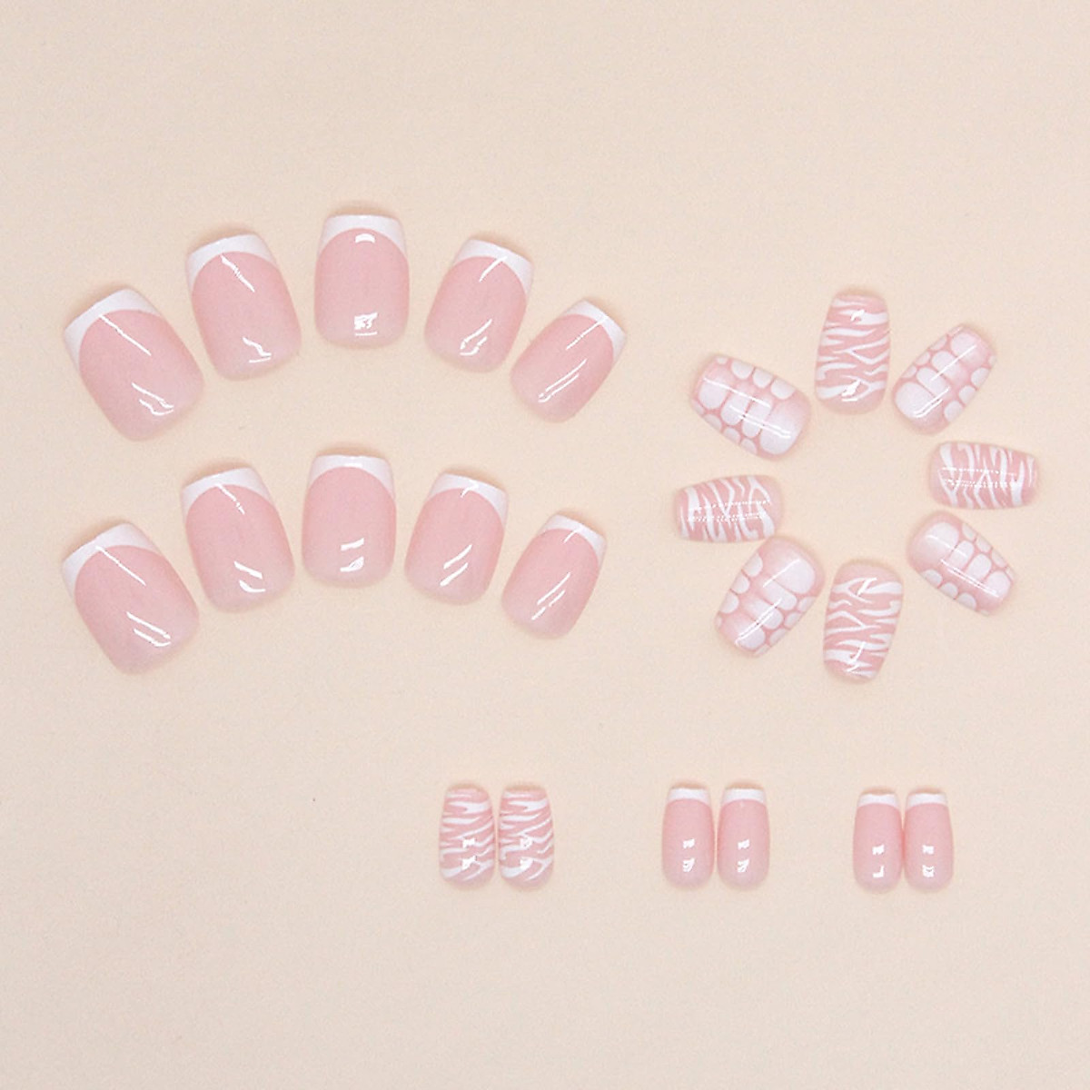 French Tip Press on Nails Short False Nails White Nail Tips Acrylic Nails with Ripple Design Fake Nails Square Shape Glue on Nails Cute White Artificial Nails Short Stick on Nails for Women Decoration