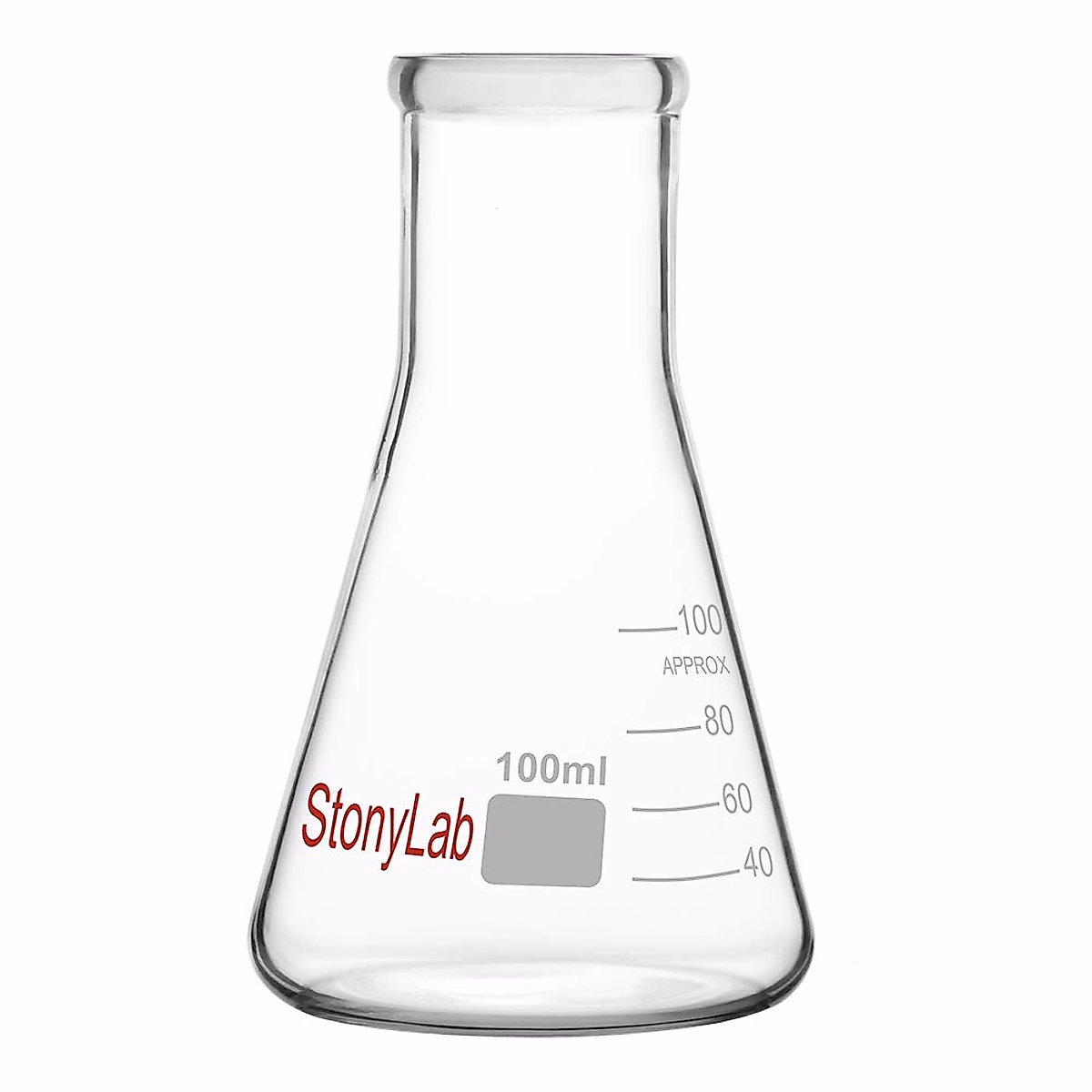 stonylab 1-Pack Glass 100 ml Heavy Wall Narrow Mouth Erlenmeyer Flasks with Heavy Duty Rim - (100ml Fits with StonyLab 5# Rubber Stopper)