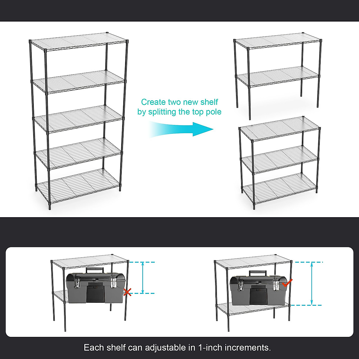 Dolonm 5-Tier Storage Shelves Wire Shelving Unit, 1750 LBS NSF Height Adjustable Shelves Organizer, 16" L x 36" W x 72" H, Heavy Duty Metal Garage Shelving for Restaurant, Kitchen, Laundry, Black