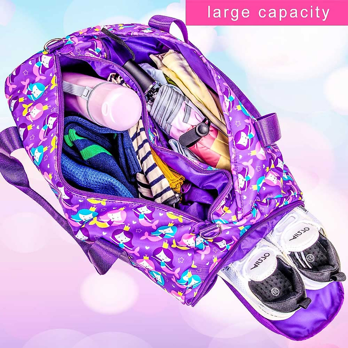 Gym Bag for Girls, Kids Duffle Bag for Travel, Girl Dance Duffel Bags with Shoe Compartment Weekender Overnight Bag, Mermaid