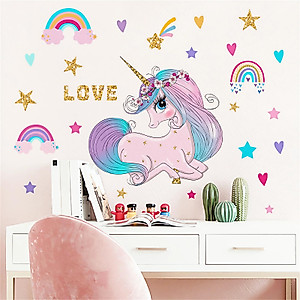 Lovely Pink Unicorn Rainbow Stars Wall Stickers, sacinora Cute Animal DIY Wall Decals Removable Vinyl Peel and Stick for Nursery Kids Baby Living Room Children's Room Bedroom Art Decoration