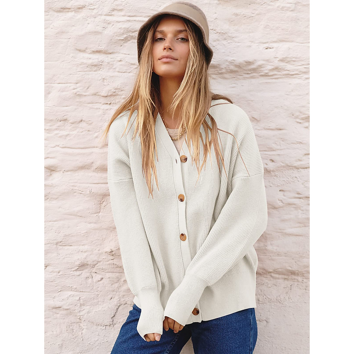 ANRABESS Women's Cardigan 2024 Trendy Open Front Oversized Button Lightweight Sweaters Loose Knit Cardigans Fall Outfits White Small