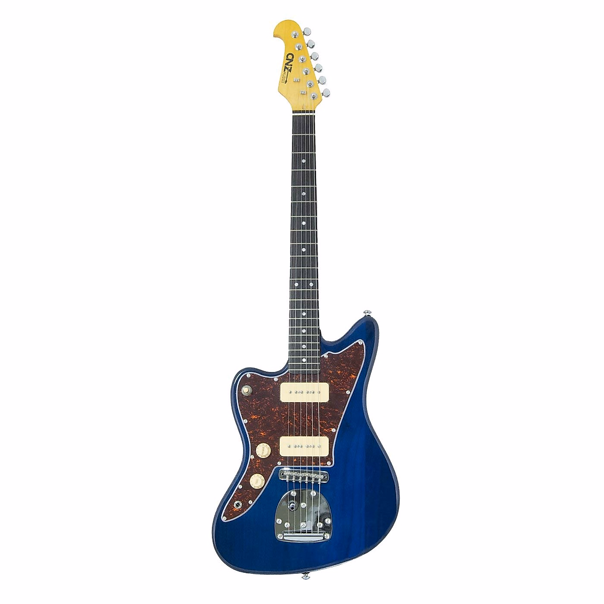 CNZ Audio JM Electric Guitar - Left Handed - Transparent Midnight Blue, Amber Maple Neck, Rosewood Fingerboard, Ivory Pickups & 3ply Tortoise Pickguard