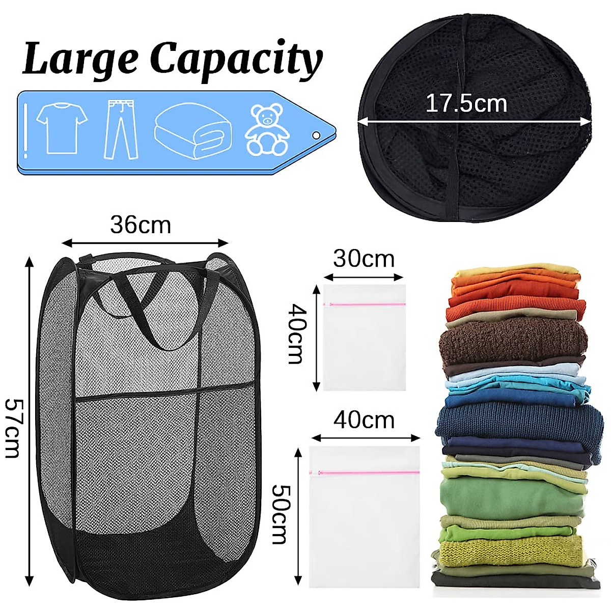 4Pcs Mesh Pop Up Laundry Hamper, FHDUSRYO Foldable Pop Up Hamper, Collapsible Laundry Basket with Carry Handles, Portable Dirty Clothes Basket with 4 Wash Bags, Mesh Hamper for Dorm Bedroom Travel
