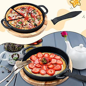 Jingmore 2 Pcs Cast Iron Fajita Skillet Pan 8 Inches Round Plate Sizzling Pan with Removable Handle and Trivet Cast Iron Frying Pan Nonstick Oven Safe Cookware, Pizza Oven and BBQ Accessories Black