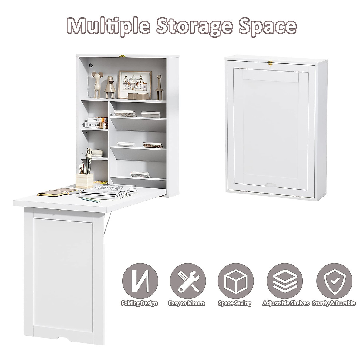 JAXPETY Wall Mounted Space Saving Desk Fold Out Convertible Desk Wood Floating Writing Desk with Storage Shelves Laptop Tabletop for Home Office, White