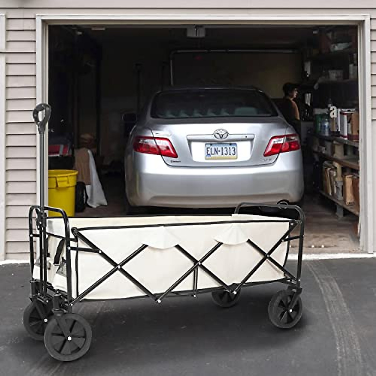 DYD Extended Folding Utility Wagon, 330LBS Heavy Loaded Collapsible Garden Cart with Anti-Slip Wheels, Adjustable Handle and Side Pockets, Large, White, Picnic, Beach, Camping, X-Large
