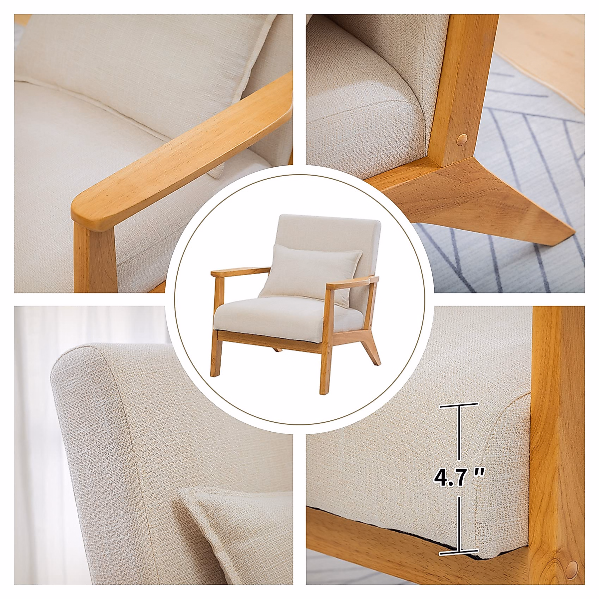 UNICOO - Mid-Century Modern Accent Chair, Fabric Reading Armchair, Easy Assembly, Lounge Chair for Living Room Bedroom (U202-1 Nature + Beige)