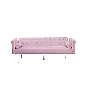 Eafurn 68.5”Futon Bed,Button Tufted Convertible Sleeper, 3-Seater Upholstered Loveseat Sofa & Couch with Adjustable Backrest and 5 Metal Legs for Living Room Bedroom Office, Pink