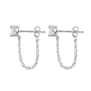 Reffeer 925 Sterling Silver CZ Chain Studs Earrings Dangle for Women Teen Girls CZ Chain Drop Earrings Studs (A-Silver)