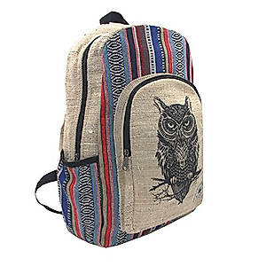 KayJayStyles Natural Handmade Large Multi Pocket Hemp Nepal Backpack (Owl)