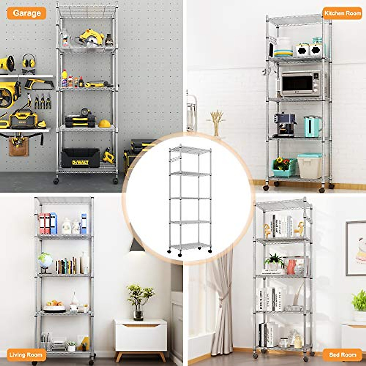 Devo 5-Tier Shelf Shelves for Storage, Wire Shelving Storage Racks, Heavy Duty Shelving, Adjustable Metal Shelf for Garage, Pantry, Kitchen, Side Hooks, Silver(14" D x 24" W x 71" H)