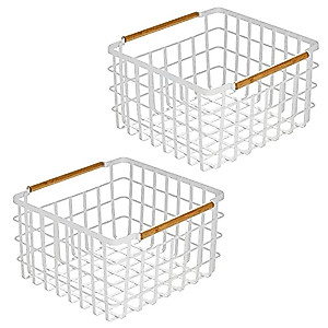 mDesign Metal Steel Wire Square Organizer Storage Basket w/Bamboo Handles for Closet, Shelves, Holds Linens, Blankets, Slippers, Scarves, Hats, Gloves - Yami Collection - 2 Pack - Matte White/Natural