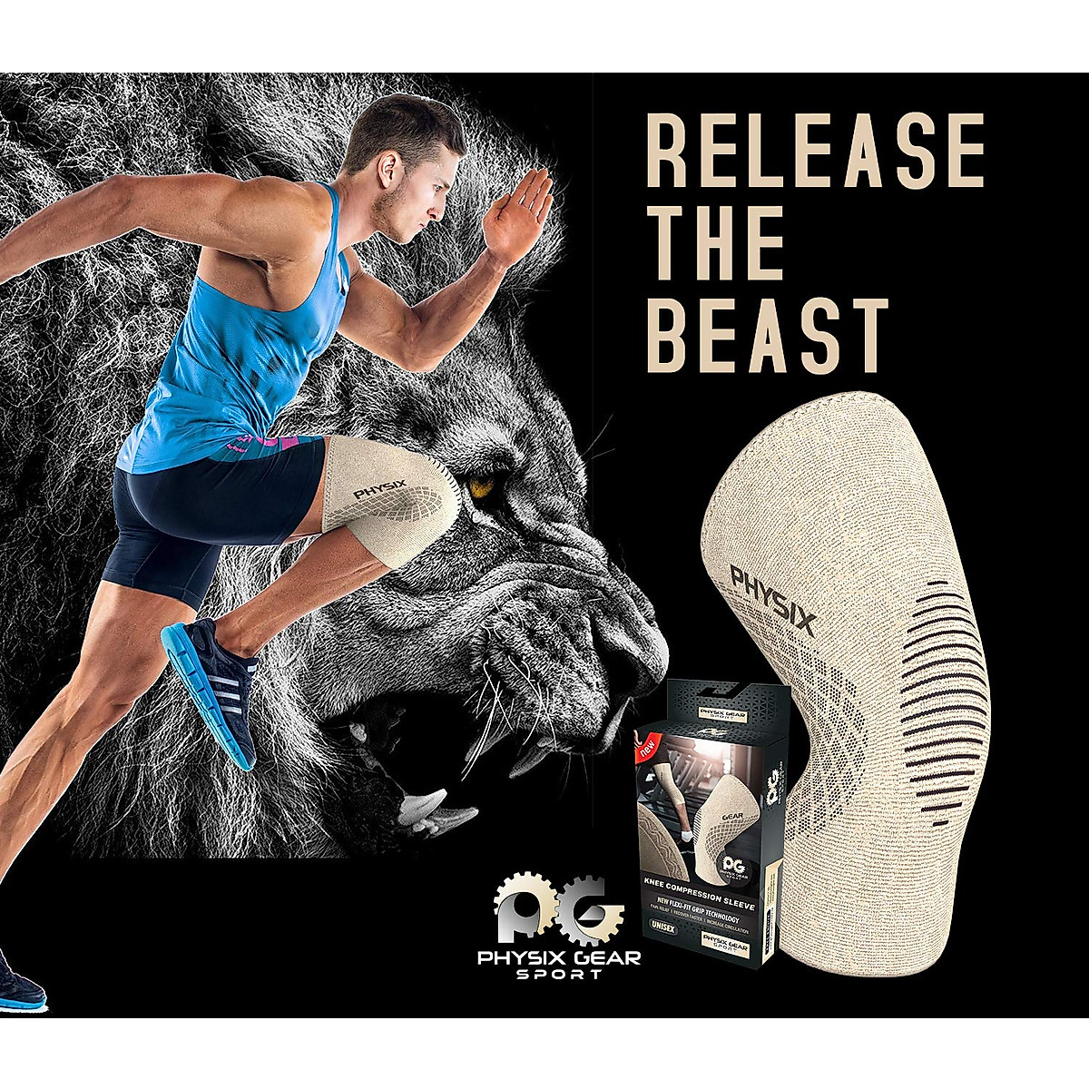 PHYSIX GEAR Knee Support Brace - Premium Recovery & Compression Sleeve for Meniscus Tear, ACL, MCL Running & Arthritis - Best Neoprene Stabilizer Wrap for Crossfit, Squats & Workouts (Single Beige L)