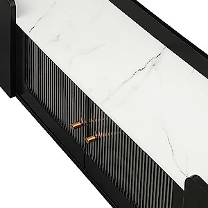 WADRI TV Stand with Fluted Glass, Faux Marble Top Console Table with Gold Frame Base for Living Room, Contemporary Entertainment Center for Television Up to 65" (Black + Particle Board-035)