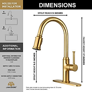 Brushed Gold Kitchen Faucet with Pull Down Sprayer, Lava Odoro Single Handle Gold Kitchen Sink Faucet, Brushed Brass Faucet for Kitchen Sink 1 Hole and 3 Hole, Deck Plate Included, KF421-SG
