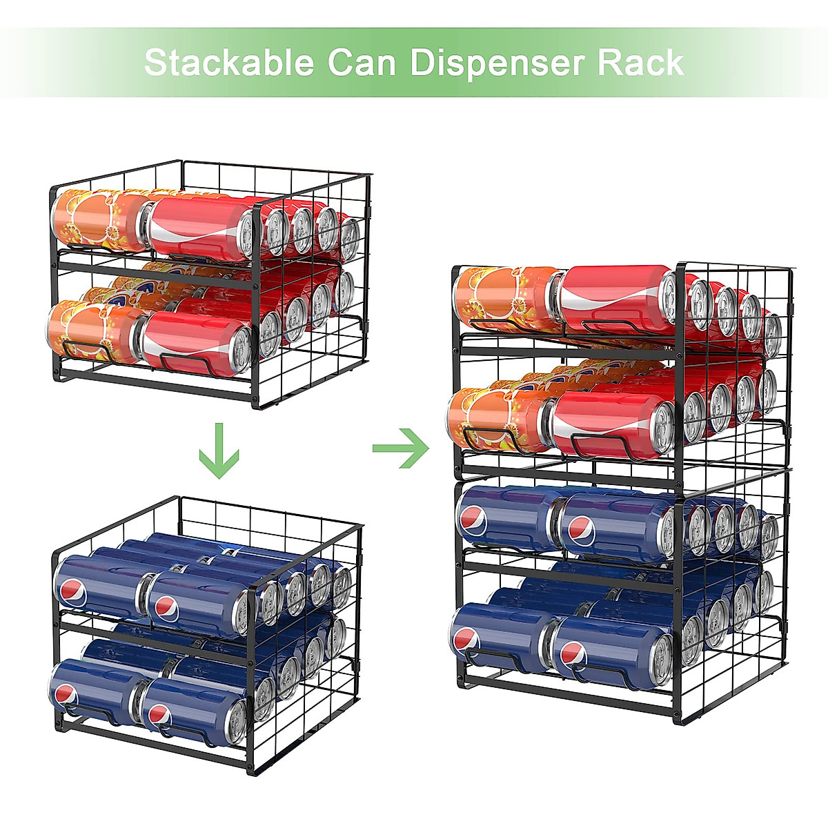Stackable Soda Can Rack Organizer 4 Tier Beverage Can Dispenser Cola Rack Storage Holder for Pantry Kitchen Cabinets Countertop, Holds 40 12oz Soda Cans or Canned Food, Black