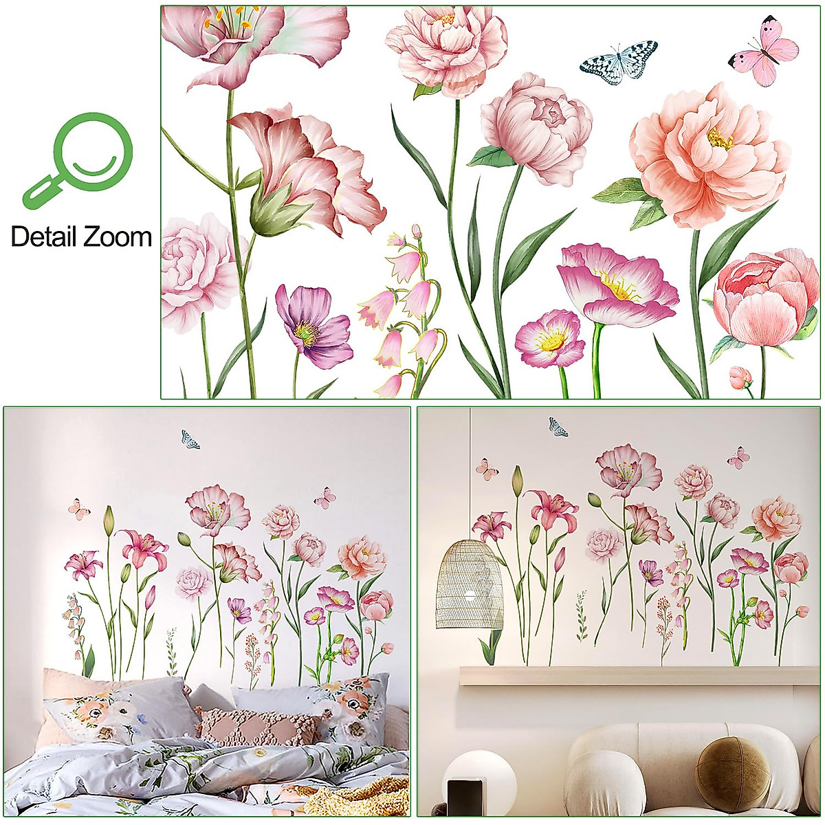 Amaonm Removable Fresh Flower and Flying Butterfly Dragonfly Wall Sticker Blue Pink Lily Poppy Peony Floral Wall Decal DIY Peel and Stick Grass Plants Wall Decor for Girls Baby Bedroom Nursery Living