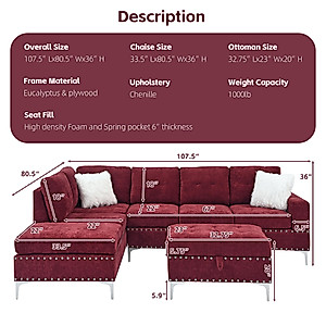 Yoglad Living Room Furniture Set, Sectional 5-Seater Sofa with Reversible Chaise, Corner Sofa Set with Ottoman, L Shaped Couch for Apartment, Living Room (107.5 Inch Chenille, Red)