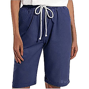 Knit Drawstring Bermuda Shorts for Women Soft Summer Knee Lenght Short Pants Loose Comfy Elastic Waist Jersey Shorts (Navy Blue,X-Large)