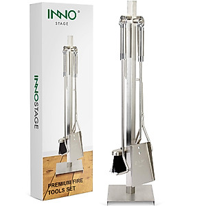 INNO STAGE 5 PCS Fireplace Tools Set Indoor, Stainless Steel Poker Wood Stove Log Tongs Holder Shovel and Brush Fireset Kit for Fire Place Fire Pit or Hearth Decor Accessories with Present Box