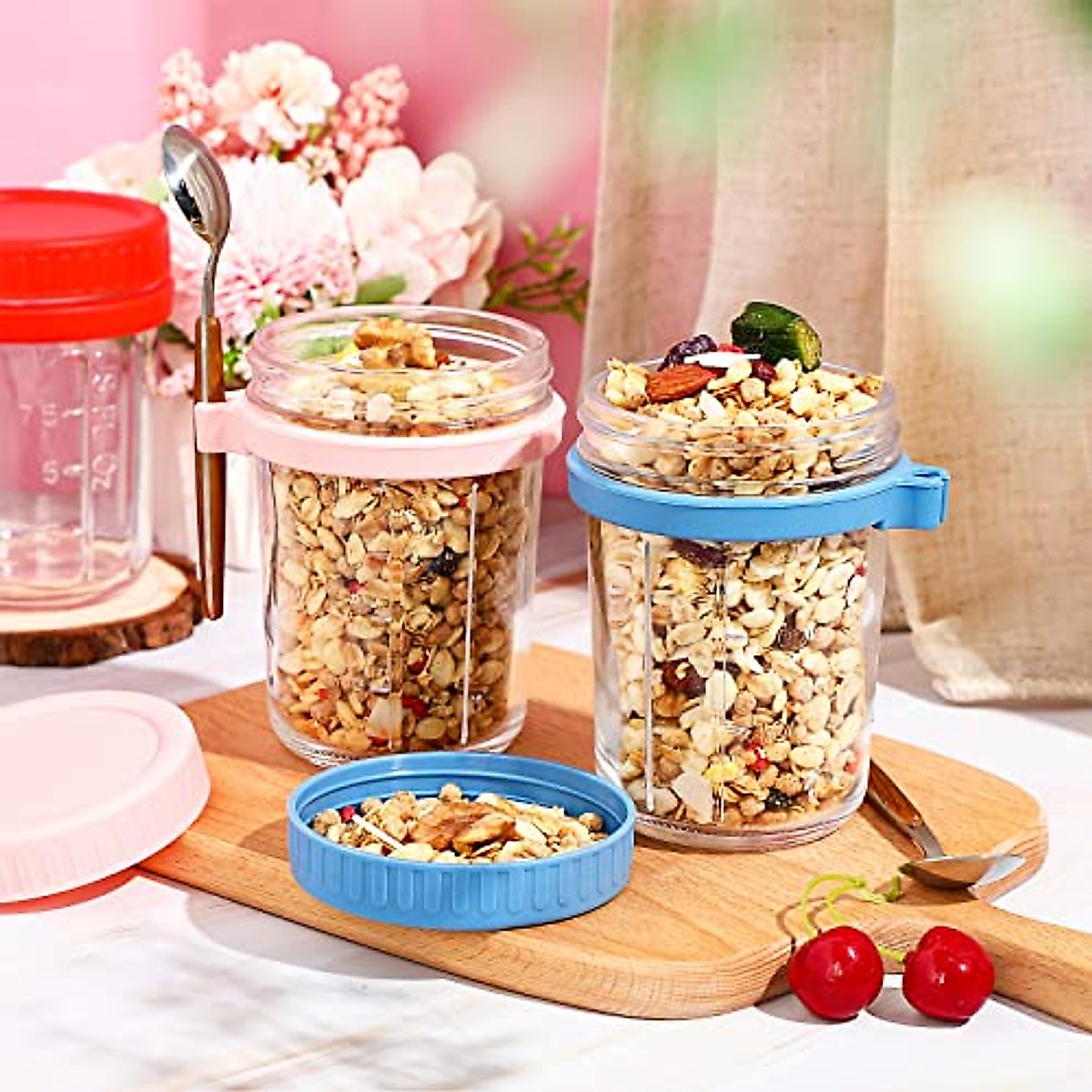 12 Pcs Overnight Oats Jars with Lid and Spoon, 12 oz Large Capacity Airtight Oatmeal Container Bulk with Measurement Marks, Mason Jars with Lid for Cereal on the Go Container