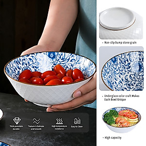 AnBnCn 40 OZ Large Ceramic Bowls Set of 4 - Blue and White Porcelain - Ideal for Pho, Ramen, Salad, Soup, Cereal and Fruit - Dishwasher & Microwave Safe(Assorted Patterns)