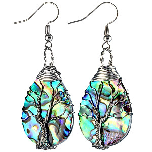 SUNYIK Rainbow Abalone Shell Stone Dangle Earrings for Women, Teardrop Silver Plated